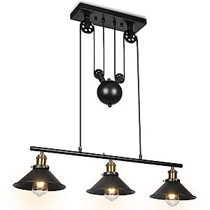 3 Light Pulley Pendant Light, Indoor Island Light Adjustable Industrial Vintage Rustic Chandelier for Game Room 7ft/8ft/9ft Tables, Vintage Kitchen Light for Man Cave, Kitchen, Dinning Room, Bar