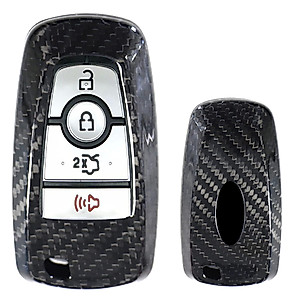 iJDMTOY, Compatible with Ford 2018-up Mustang F150 F250 Explorer Expedition 4-Button Keyless Smart Key Real/Genuine Gloss Black Carbon Fiber Key Fob Shell Cover