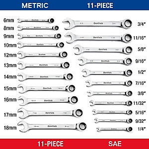 DURATECH Ratcheting Wrench Set, Combination Wrench Set, SAE & Metric, 22-piece, 1/4" to 3/4" & 6-18mm, CR-V Steel, with Pouch