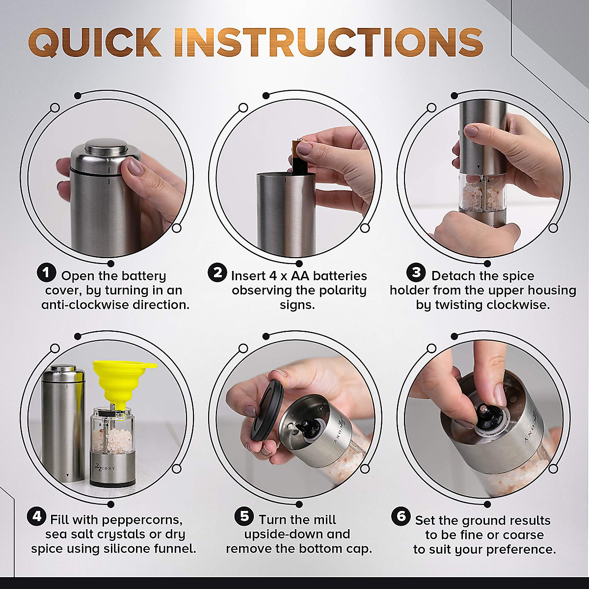 Electric Salt and Pepper Grinder Set | Stainless Steel Battery Operated Mill with Light | Pack with Oil Sprayer, Silicone Funnel, Cleaning Brush, and eBook | Adjustable Coarseness | Ceramic Grinders