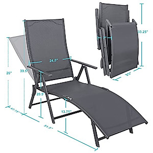 Nuu Garden Folding Chaise Lounge Chairs for Outside, Patio Lounge Chair with 6-Position Adjustable Backrest and Breathable Textile Fabric, Lawn Chairs for Beach, Yard, Pool and Patio, Grey