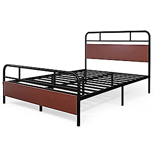 CAPHAUS Round Corner Metal Bed Frame with Modern Wood Headboard and Footboard, Mattress Foundation, Metal Platform Bed with Premium Steel Frame, Noise-Free, No Box Spring Needed, Full Size, Walnut