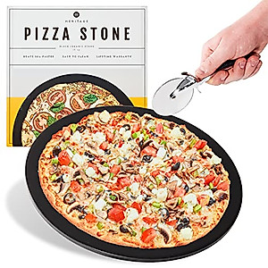 Heritage Pizza Stone, 15 inch Ceramic Baking Stones for Oven Use - Non-Stick, No Stain Pan & Cutter Set for Gas, BBQ & Grill - Kitchen Accessories & Housewarming Gifts w/ Bonus Pizza Wheel - Black