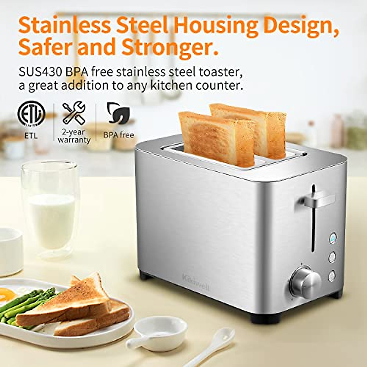 Kikiwell Toaster 2 Slice, Stainless Steel Bread Toasters, Extra Wide Slots, 6 Bread Shade Settings, Bagel/Defrost/Cancel Function, Removable Crumb Tray, 120V/850W (2 Slice)