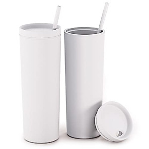 Maars Skinny Acrylic Tumbler with Lid and Straw | 18oz Premium Insulated Double Wall Plastic Reusable Cups - Matte Pastel White, 2 Pack