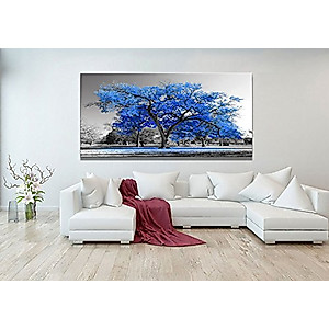 Wall Art Painting Contemporary Blue Tree in Black and White Style Fall Landscape Picture Modern Giclee Stretched and Framed Artwork