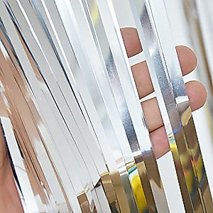 GOER 3.2 ft x 9.8 ft Metallic Tinsel Foil Fringe Curtains Party Photo Backdrop Party Streamers for Birthday,Graduation,New Year Eve Decorations Wedding Decor (4 Packs,Silver)