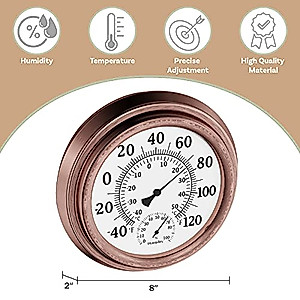 Wall Thermometer - 8-Inch Decorative Indoor/Outdoor Temperature and Hygrometer Gauge - for Home, Patio, Porch, or Sunroom by Pure Garden (Copper)