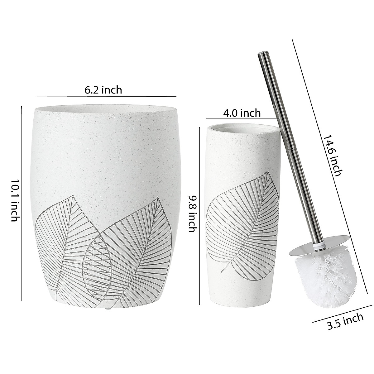 Set of 2 Elegant Leaf Design Hight Quality Polyresin Wastebasket Garbage Receptacle Bin and Brush/Holder for Bathrooms, Powder Rooms, Kitchens, Home Offices White