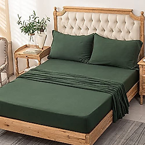 PURE ERA Jersey Knit 4pc Bed Sheet Set 100% T-Shirt Cotton Super Soft Comfy Breathable Fits Mattress Up to 20" Extra Deep Pocket (Solid Forest Green, Queen)