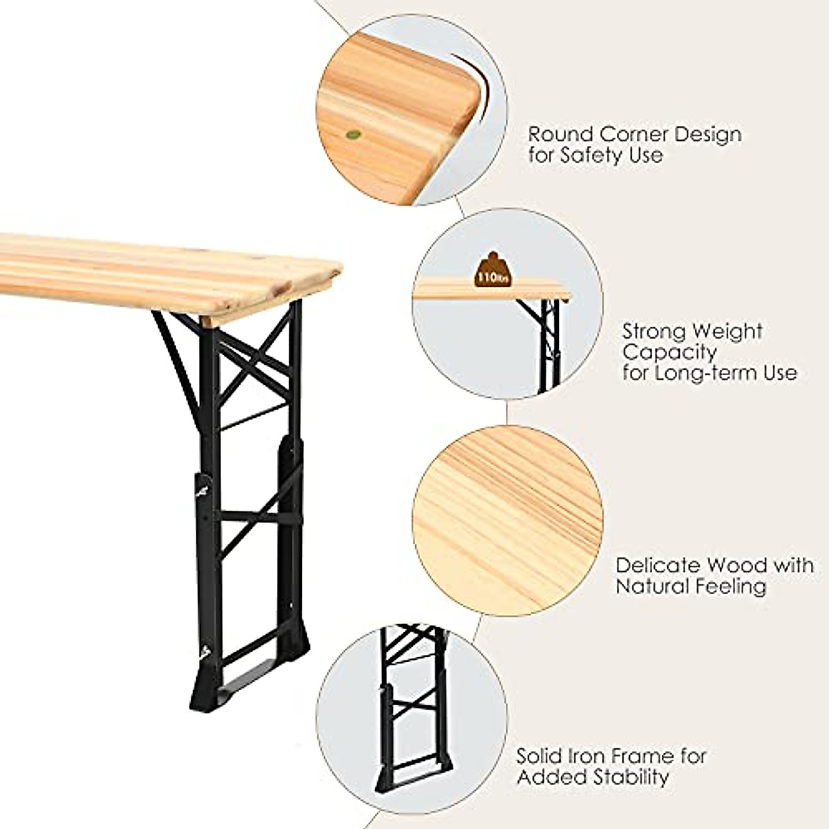 Giantex Folding Picnic Table, Wood Outdoor Table with Umbrella Hole, Adjustable Metal Legs, Patio Bistro Table for Garden Party Backyard, Rectangular Camping Table No Assembly