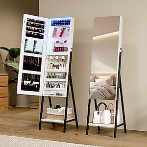 LVSOMT 3 LEDs Mirror Jewelry Cabinet, 42.5" Jewelry Mirror with Full Lenght Mirror, Standing Jewelry Mirror Armoire, Mirror with Storage for Jewelry Cosmetics, White