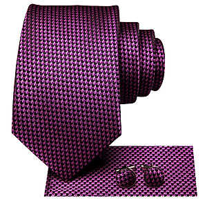 Hi-Tie Mens Purple and Black Ties Set Extra Long Silk Formal Necktie Woven Pocket Suqare Cufflinks Set 63inches for Wedding Business