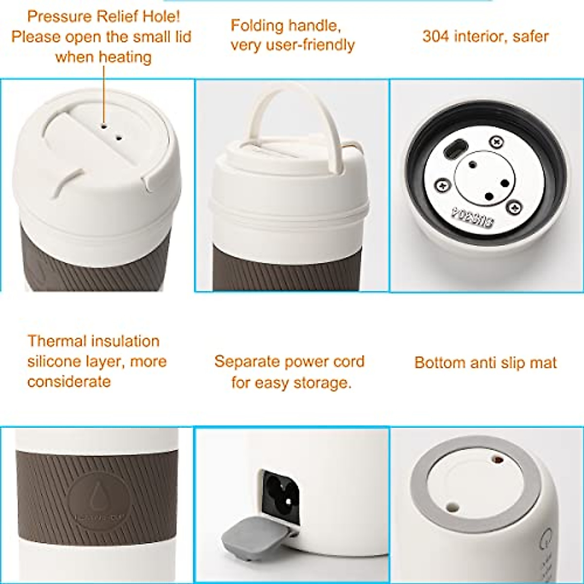 Portable Travel Heating Mug, Mini Electric Cup, 55℃ / 80℃ / 100℃ Optional, 304 Stainless Steel Liner Kettle, 12 Hours Insulation Function, 300W 350 ml Fashion Electric Thermos, Automatic Shut-Off