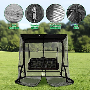 Yuqutum Patio Swing Mosquito Netting, Mosquito Netting for Patio, Mesh Screen with Zipper Opening and Roof Waterproof Tent, Porch Swing Net, 3 Seater 125x185x205cm