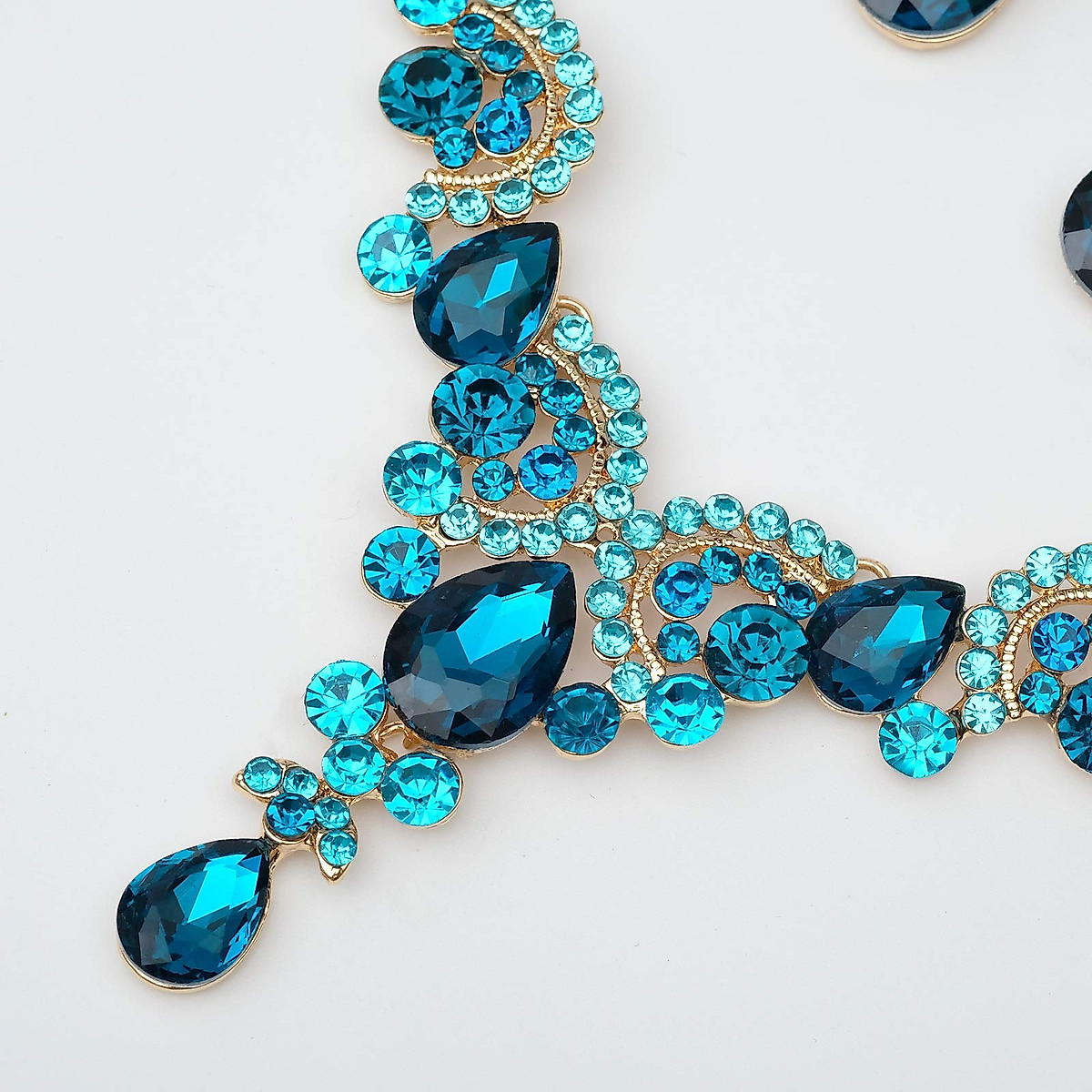 CSY 4 Pcs/Sets Elegant Crystal Necklace Earrings Bracelet Ring Bridal Wedding Costume Jewelry Sets for Brides Women Gifts (gold plated-aquamarine)