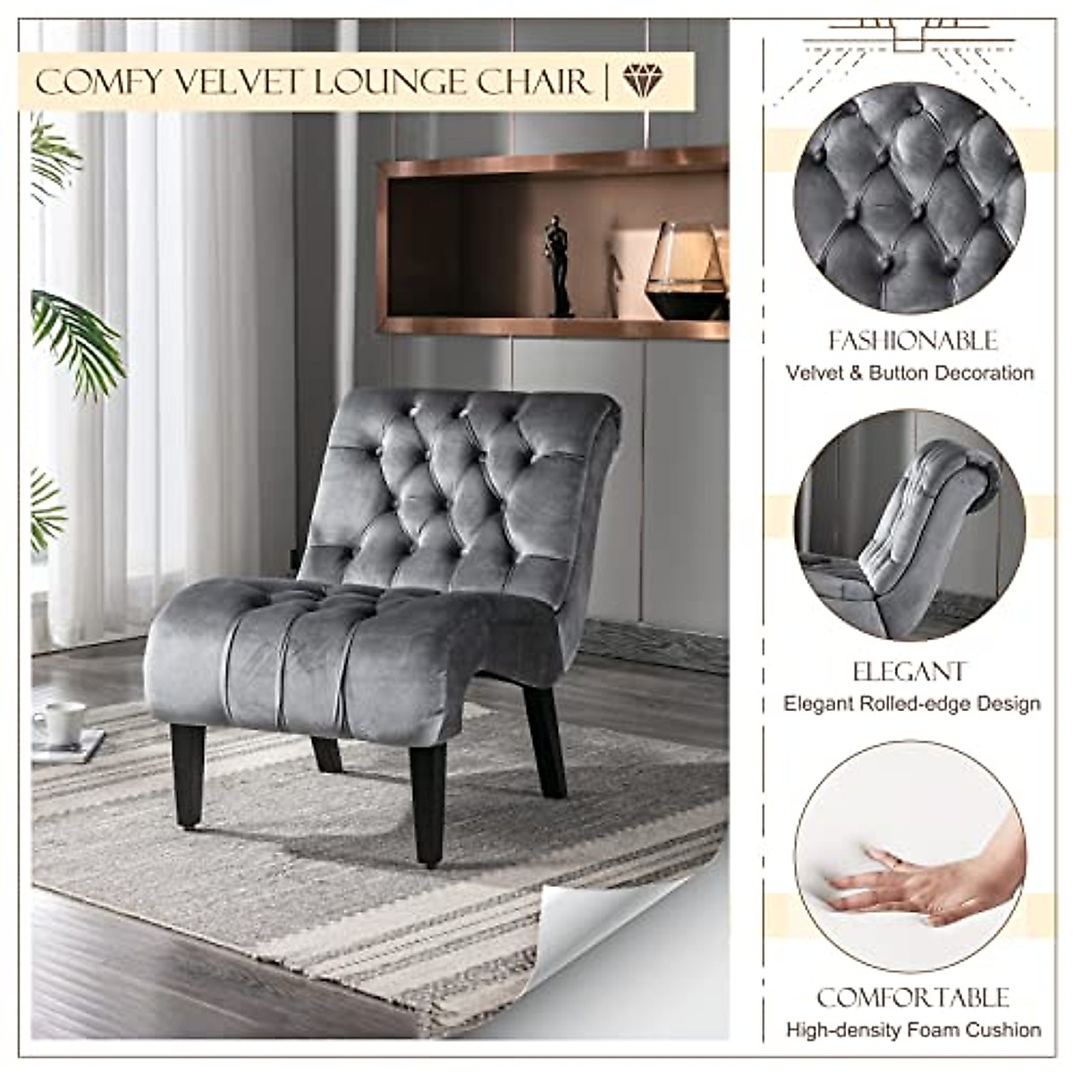 Velvet Accent Lounge Chair for Living Room, Modern Leisure Chair with Tufted Backrest, Indoor Armless Side Chair, Upholstered Bedroom Sleeper Chair with Solid Wood Legs, Grey