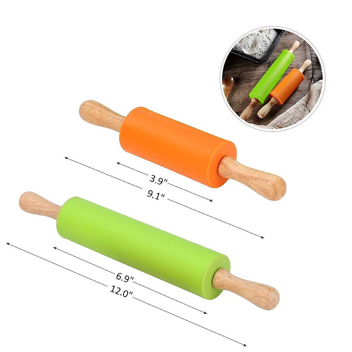 Alimat PluS Silicone Rolling Pin - Dough Roller for Pizza, Cookie with Wooden Handle & Nonstick Surface - 2 Pack Rolling Pins for Baking (9+12 Inch)