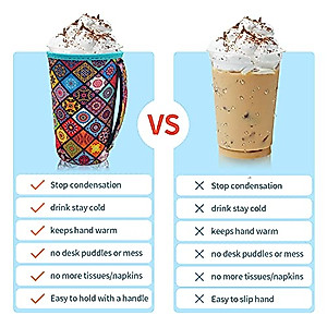 4Pack Reusable Iced Coffee Sleeve Insulator Sleeves for Cold Drinks Beverages, Neoprene Cup Holder With Handle for Most Coffee, Fits 30 - 32 Oz Large Cups (Mandala with Handle)