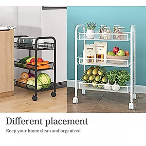 Rolling Storage Cart 3-Tier Metal Mesh Basket Shelves Kitchen Organizer with Wheels(White)