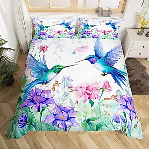 Hummingbird Girls Comforter Cover Butterfly Flower Birds Bedding Sets Wild Animals Duvet Cover Set Floral Plants Fresh Nature Bedspreads Cover 2 Pieces For Women Bedroom Decor Twin Size Green