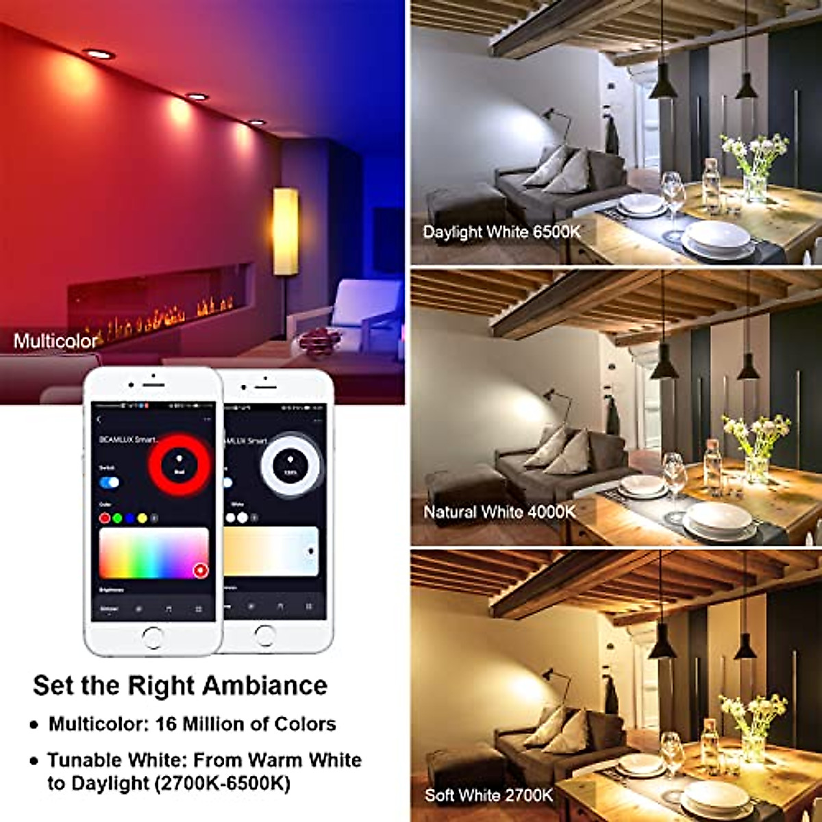 BEAMLUX Smart WiFi MR16 Color Changing led Bulbs RGBCW, Dimmable with App Control, 40° Beam Angle AC/DC 12V GU5.3 Base, Compatible with Alexa and Google Home Assistant, No Hub Required (2PACK)