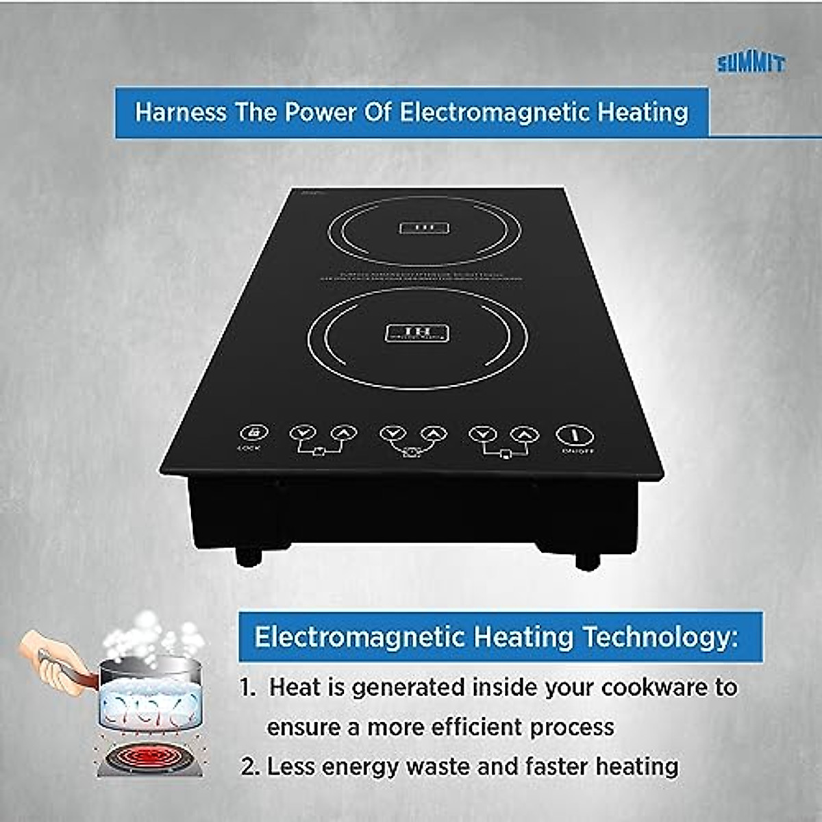 Summit SINC2220 12-inch 2 burner Digital Electric Induction Cooktop with 7-piece cookware set, Jet Black Glass, 230V, 3100W, LED Display, 8-Power Level, Timer, Easy Plug-In, Easy to Clean