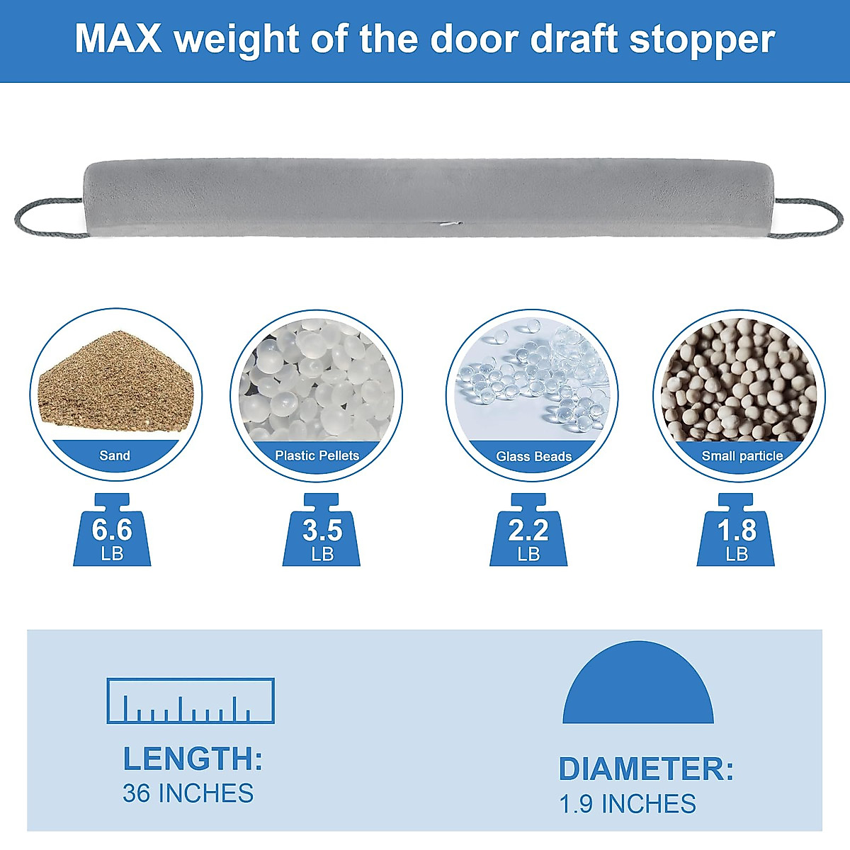 DCUINS Door Draft Stopper 36 Inch, DIY Self-Filling Draft Guard for Bottom of Door, Noise Blocker for Doors and Windows, Machine Washable, Gray