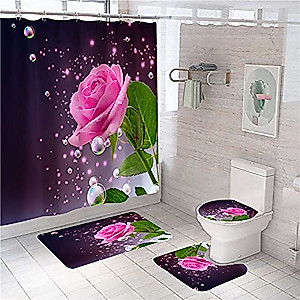 AXISRC 3D Blue Red Pink Rose Print Shower Curtain Set Bathroom Bathing Screen Anti Slip Toilet Lid Cover Carpet Rugs Kitchen Home Decor 71x71inches