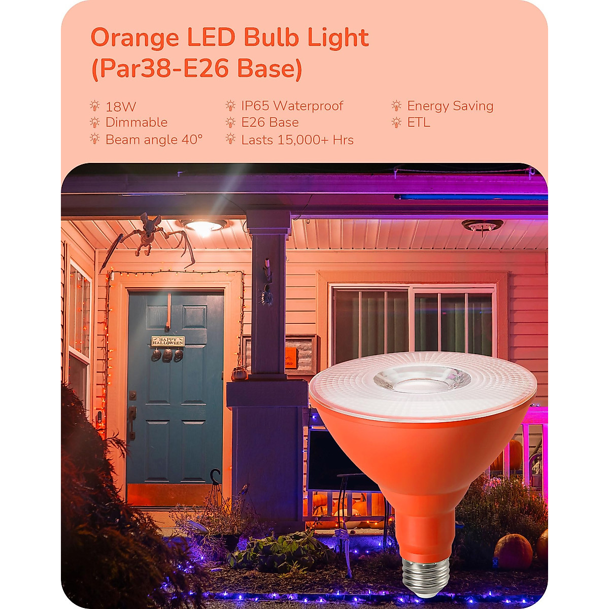 EDISHINE Christmas PAR38 Orange LED Flood Light Bulbs Outdoor, Dimmable Orange LED Light Bulb, 18W(120W Equivalent), Orange Flood Lights Bulb for Christmas Decorations, E26 Base, ETL Listed, 4 Pack