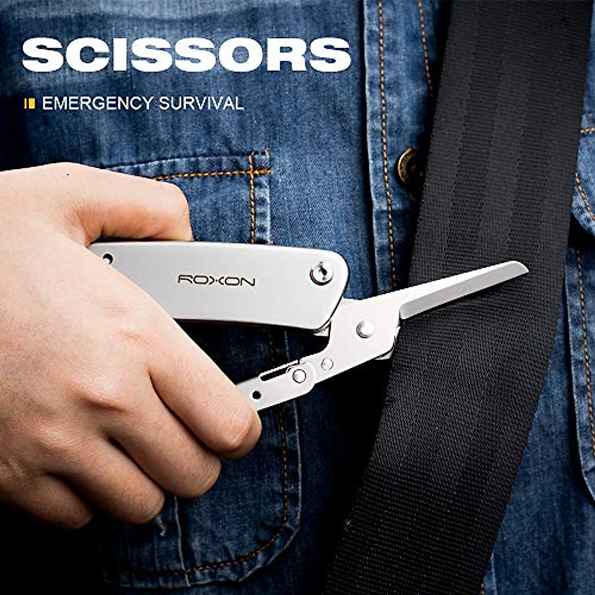Roxon S501 Folding Pocket Knife and Scissors 2 in 1 Must-have at Home EDC Multi tool with Belt Clip, Perfect for Housework, Rescue, Hunting, Survival, Fishing, Hiking, Camping