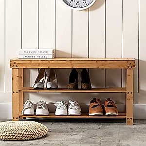 Bonzy Home Shoe Rack Bench Storage Organizer 3 Tier Entryway Shoe Storage Rustic Bamboo Shoe Rack for Entryway Bedroom Bathroom Living Room Hallway, Natural