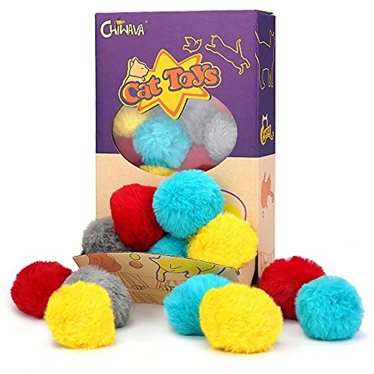 CHIWAVA 24PCS 1.8" Catnip Furry Cat Toys Ball Soft Pom Pom Balls Kitten Chase Quiet Play Assorted Color