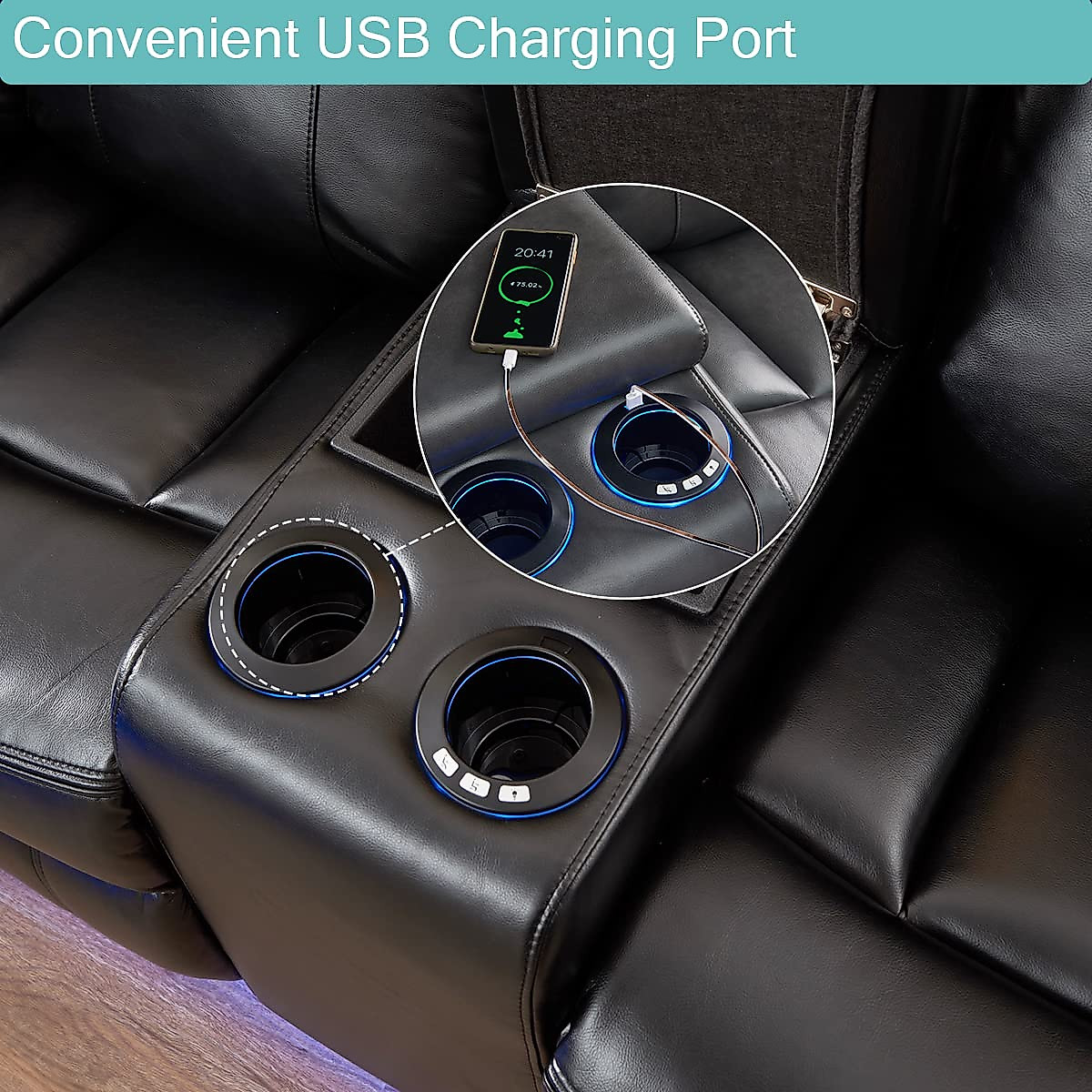 Comfort Stretch Sectional Recliner Sofa Set with LED Lights Power Reclining Couch Faux Leather Consoles Storage Boxes/USB Port/Cup Holders Living Room Furniture Home Theater Seating, Black