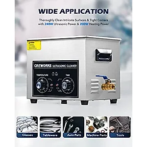 CREWORKS Ultrasonic Cleaner with Heater and Timer, 2.6 gal Digital Sonic Cavitation Machine, 240W 10L Stainless Steel Jewelry Cleaner for Professional Tool Watch Glasses Retainer Denture Coin Cleaning
