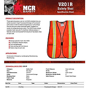 MCR Safety V201R Polyester Mesh General Purpose Safety Vest with 2-Inch Lime/Silver Reflective Stripe, Fluorescent Orange