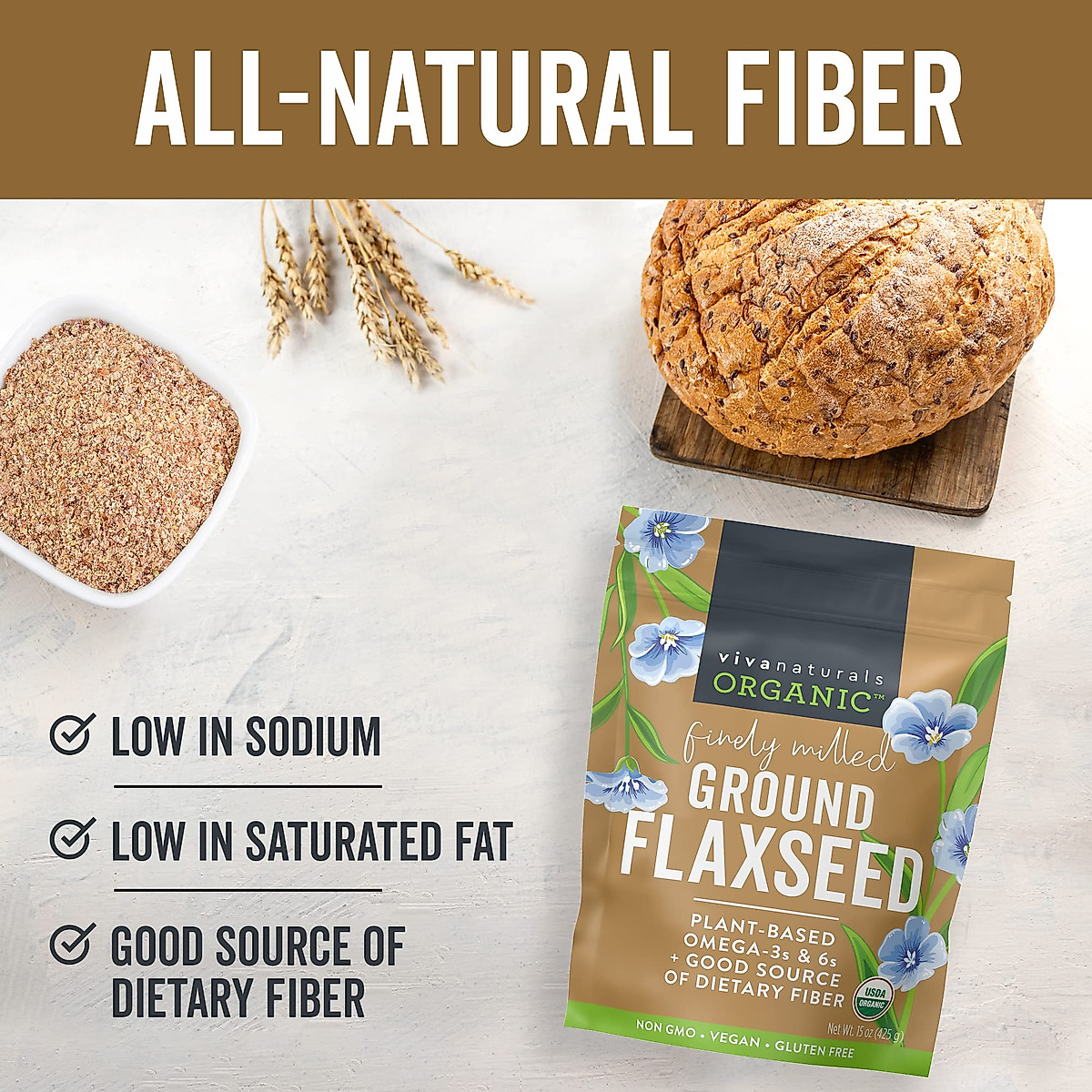 Viva Naturals Organic Ground Flaxseed - Premium Quality Plant-Based Protein and Vegan Omega 3 with Fiber, Perfect for Smoothies, Non-GMO and Gluten Free, 15 oz (425 g)