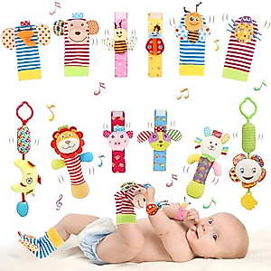 Bloobloomax Wrist Rattles Foot Finder Rattle Sock Baby Toy, Hanging Rattle Toy, Hand Bracelet Rattle, Feet Leg Ankle Socks, Activity Rattle Present Gift for Newborn Infant Babies Boy Girl(12 pcs-H)