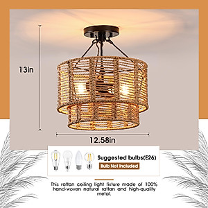 Hermasgi 12.6'' Farmhouse Rattan Semi Flush Mount Ceiling Light,Boho Light Fixtures with 2-Tier Drum Hand-Woven Natural Rattan Shade,Rattan Ceiling Lamp for Hallway Bedroom Entryway Living Room
