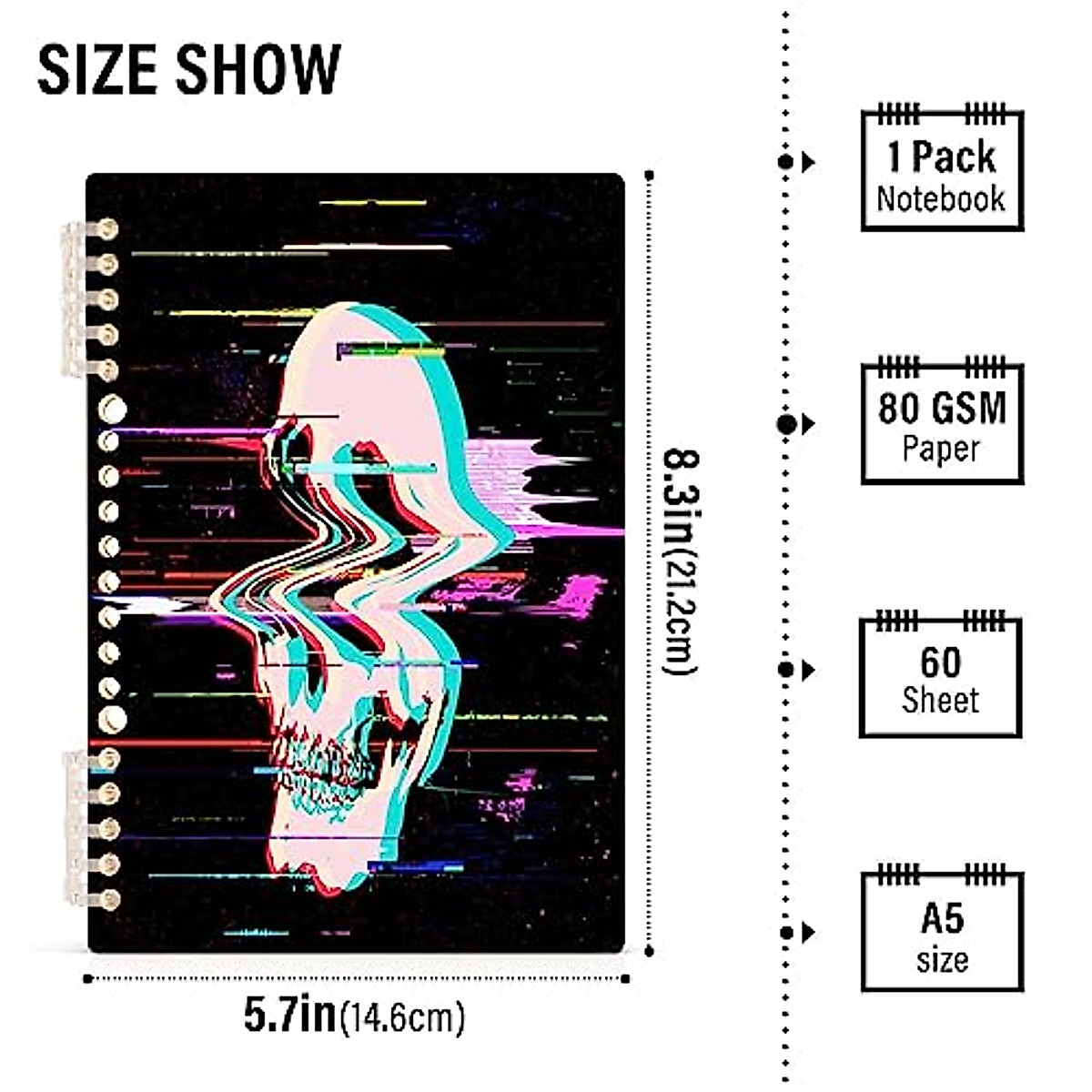 KJIZMO Cool Digital Skull Detachable Spiral Notebook with Durable Hardcover 60 Sheets Binding Note Book for Office Writing Diary