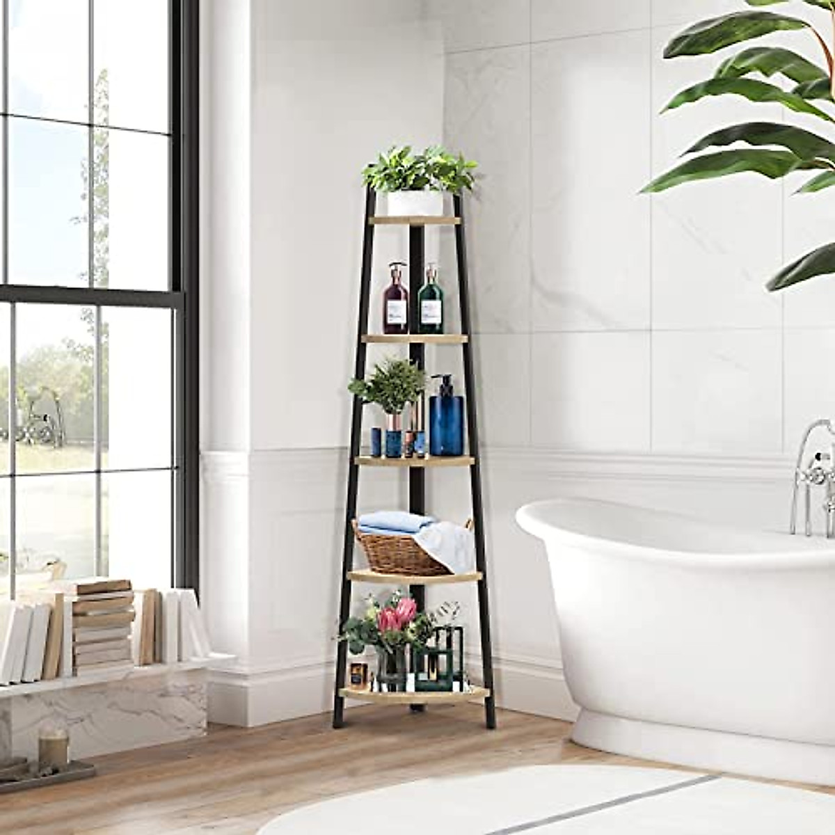 SpringSun 5-Tier Corner Ladder Wood Shelf, Display Rack Multipurpose Bookshelf and Plant Stand for Living Room and Office