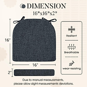 Basic Beyond Memory Foam Dining Chair Cushions, 6 Pack - Navy, 16 x 16 inches, Slip Resistant with Ties, Indoor Use, Modern Style, Resilient