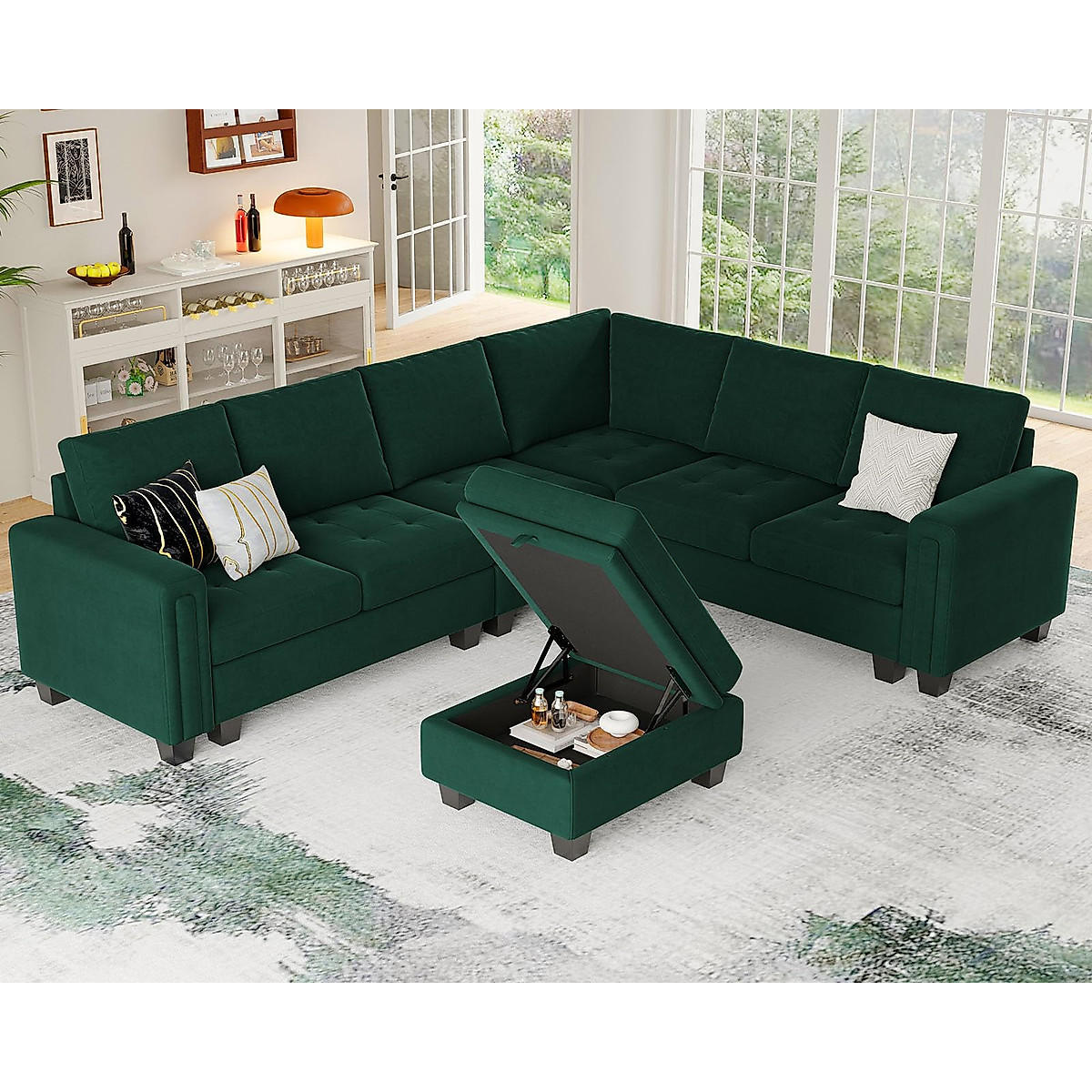 Belffin Velvet L Shaped Sofa Couch with Reversible Chaise Convertible Modular Sectional Sofa Set with Storage Ottoman Corner Sofa Set for Living Room Green