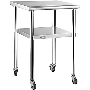 VEVOR Stainless Steel Prep Table, 24 x 24 x 36 Inch, 600lbs Load Capacity Heavy Duty Metal Worktable with Adjustable Undershelf & Universal Wheels, Commercial Workstation for Kitchen Garage Backyard