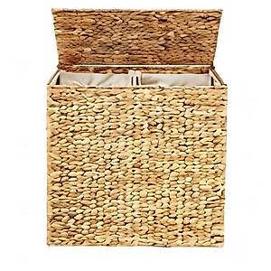 Best Choice Products Large Double Laundry Hamper with Lid, Natural Handwoven Water Hyacinth, 2 Sections w/ 2 Machine Washable Linen Liner Bags, Portable, Handles - Natural