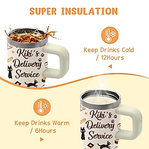 Anime Gifts for Girls, Kiki's Cats Tumbler with Handle and Straw for Kids 14oz, Insulated Stainless Steel Cats Mug, Anime Cat Gifts for Cat Lovers, Kiki's Delivery Service, Bakery