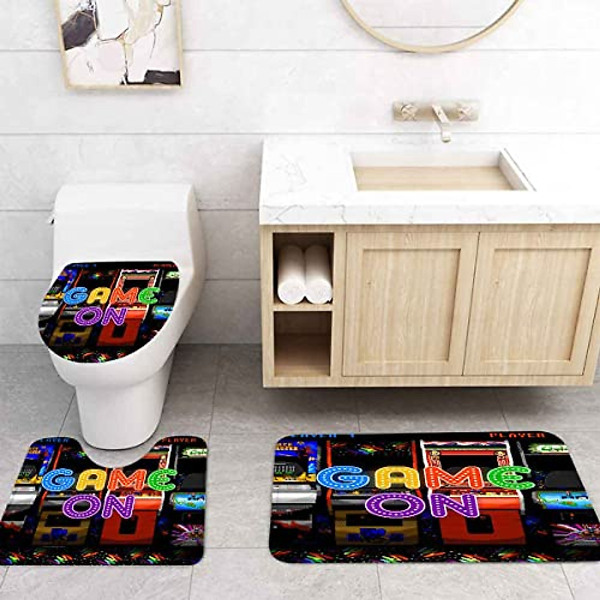 SDDSER Games Shower Curtain Set, 4PCS Play Game Kids Bathroom Shower Curtain Sets with 72 in Video Game Shower Curtain and Bath Mat, Toilet Lid Cover and U Shaped Rug, 12 Hooks, SETLSSD92