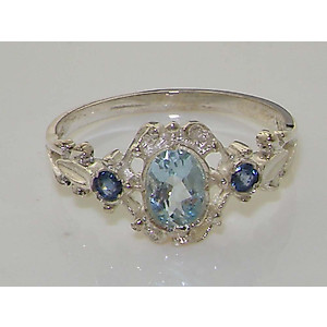 LetsBuyGold 925 Sterling Silver Real Genuine Aquamarine and Sapphire Womens Anniversary Ring - Size 8