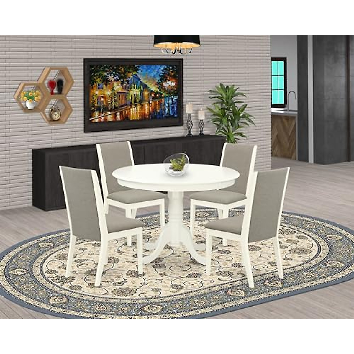 East West Furniture HLLA5-LWH-06 5 Piece Dining Set Includes a Round Dining Room Table with Pedestal and 4 Shitake Linen Fabric Upholstered Parson Chairs, 42x42 Inch, Linen White