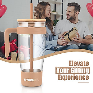 Hydraful 40 oz Glass Tumbler with Handle, Reusable Glass Tumbler with Straw and Lid, BPA Free Clear Glass Tumbler with Bamboo Lid, Fits In Cup Holder, Dishwasher Safe, Amber